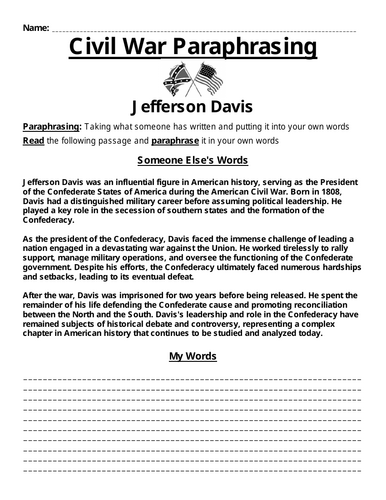 Jefferson Davis Paraphrasing Worksheet | Teaching Resources
