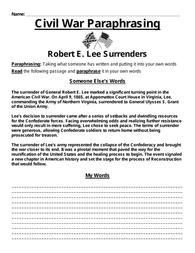 Robert E. Lee Surrenders Paraphrasing Worksheet | Teaching Resources