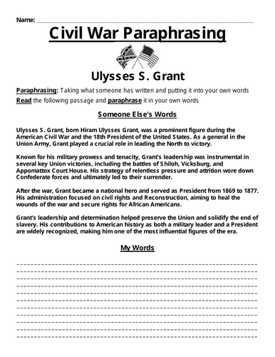Ulysses S. Grant Paraphrasing Worksheet | Teaching Resources