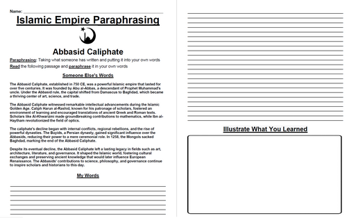 Islamic Empire Paraphrasing Worksheet Packet (30 Assignments ...