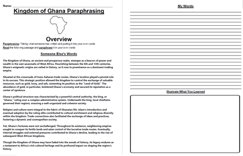 Kingdom of Ghana Paraphrasing Worksheet Packet | Teaching Resources