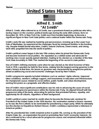 Alfred E. Smith Article & Questions Assignment | Teaching Resources