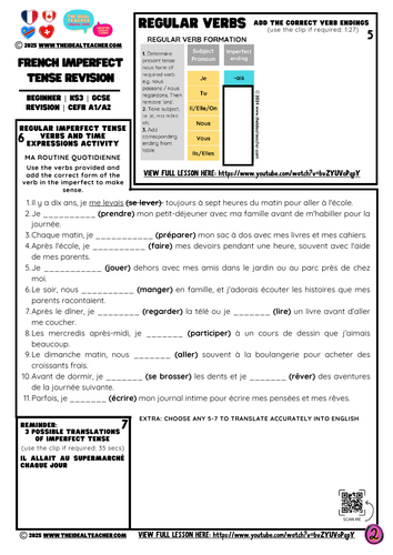 French Imperfect Tense Revision Worksheet (GCSE) | Teaching Resources