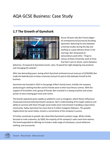 AQA GCSE Business Unit 1: Case Study Activity | Teaching Resources