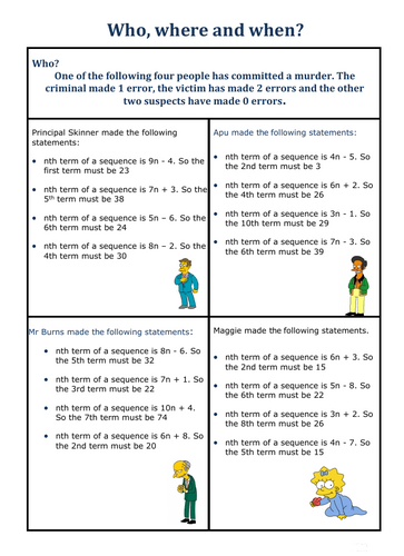 Simpsons Maths Murder Mystery: Fun Nth Term Activity for GCSE Students ...