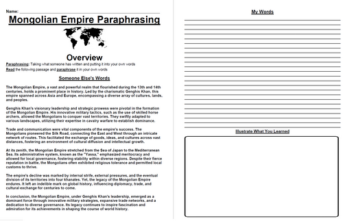 Mongolian Empire Paraphrasing Worksheet Packet (15 Assignments ...