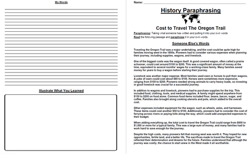 Oregon Trail Paraphrasing Worksheet Packet (17 Assignments) | Teaching ...