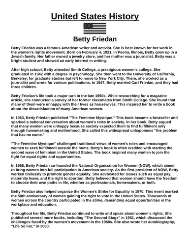 Betty Friedan “Article & Questions” Assignment | Teaching Resources