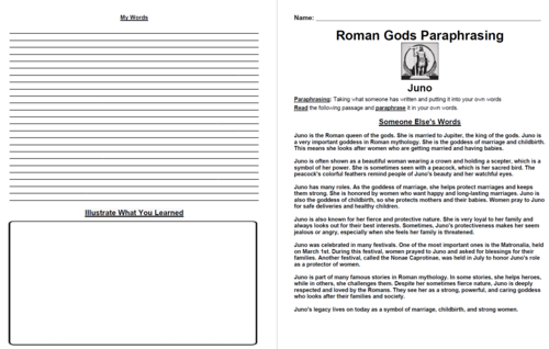 Roman Gods Paraphrasign Worksheet Packet (20 Assignments) | Teaching ...
