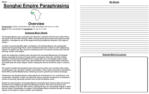 Songhai Empire Paraphrasing Worksheet Packet (15 Assignments ...
