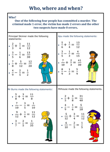 Simpsons Maths Murder Mystery: Fun Adding and Subtracting Fractions ...