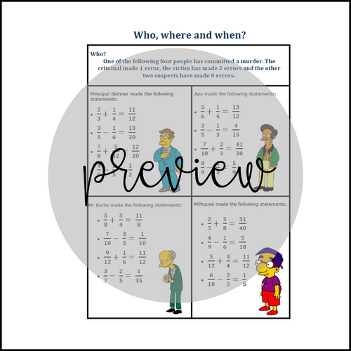 Simpsons Maths Murder Mystery: Fun Adding and Subtracting Fractions ...