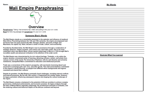 Mali Empire Paraphrasing Worksheet Packet (19 Assignments) | Teaching ...
