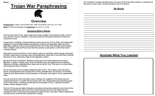Trojan War (Iliad) Paraphrasing Worksheet Packet (40 Assignements ...