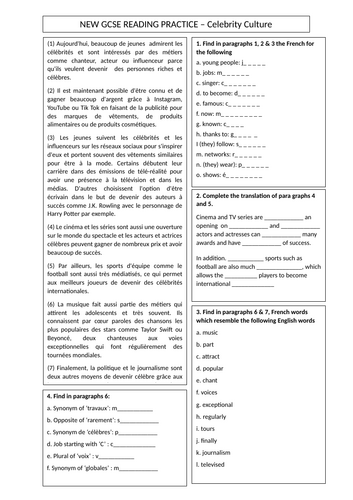 NEW FRENCH GCSE reading practice - Young people and celebrities ...