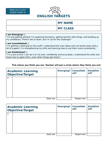 Target Sheet for GCSE English | Teaching Resources