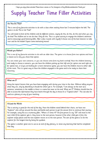 Supply Teacher Time Filler Activities | Child Engagement Games| Supply ...