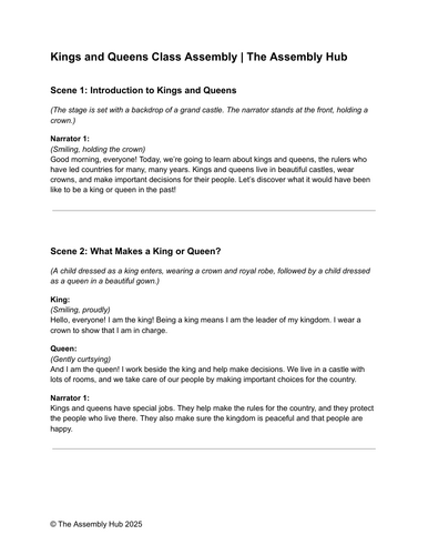 Kings and Queens KS1 Class Assembly Script | Teaching Resources