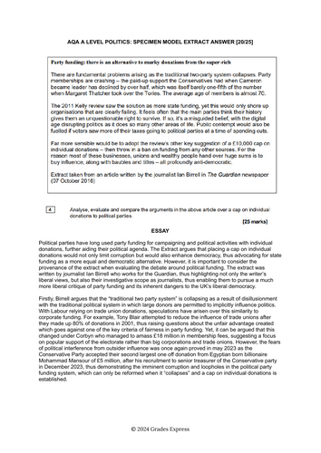 AQA A LEVEL Politics: GRADE A Party Funding Specimen Model Extract ...