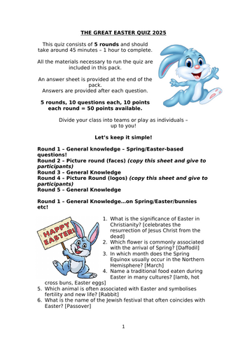 FREE - The Great Easter Quiz 2025 - 50 questions - Simple, no other ...