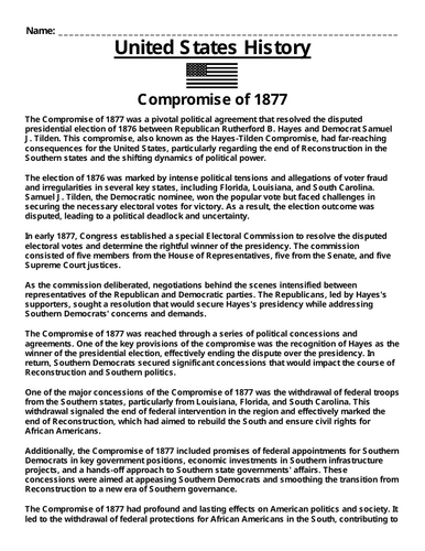 Compromise of 1877 “Article & Questions” Assignment | Teaching Resources