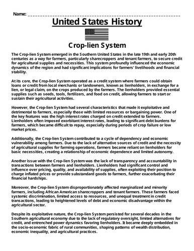 Crop-lien System “Article & Questions” Assignment | Teaching Resources