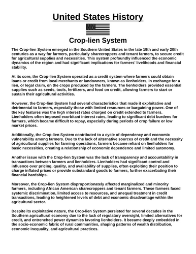 Crop-lien System “Article & Questions” Assignment | Teaching Resources