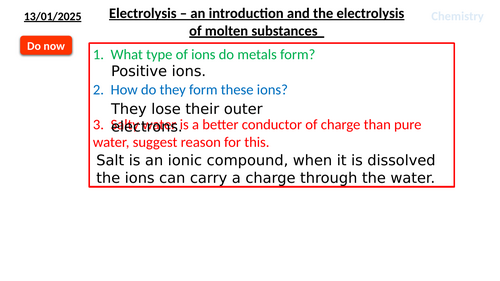 Electrolysis introduction with molten compounds and half equations. AQA ...