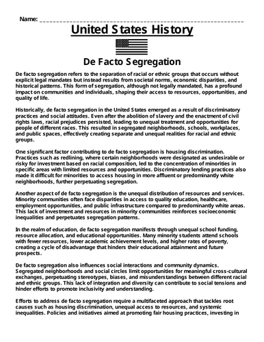 De Facto Segregation “Article & Questions” Assignment | Teaching Resources
