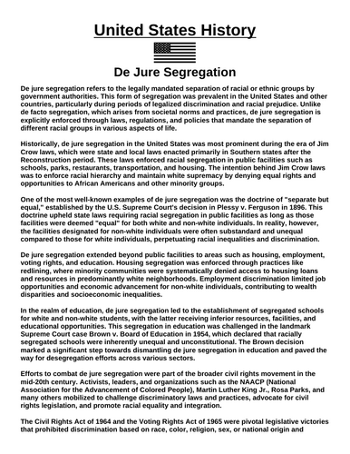 De Jure Segregation “Article & Questions” Assignment | Teaching Resources