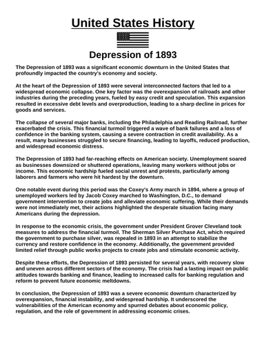 Depression of 1893 “Article & Questions” Assignment | Teaching Resources