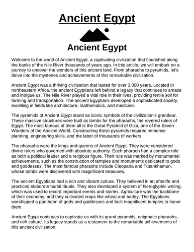 Ancient Egypt Overview “Article & Questions” Assignment (ANCIENT EGYPT ...