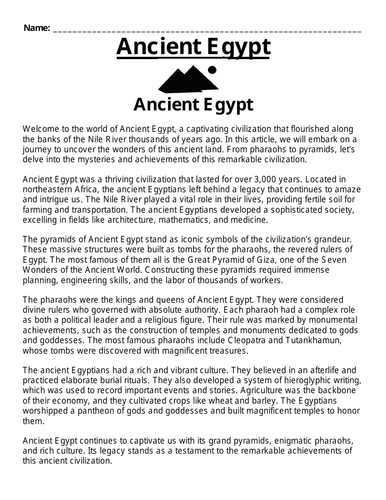 Ancient Egypt Overview “Article & Questions” Assignment (ANCIENT EGYPT ...