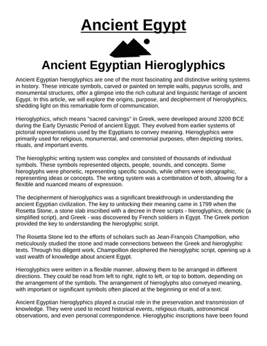 Egyptian Hieroglyphics “Article & Questions” Assignment (ANCIENT EGYPT ...