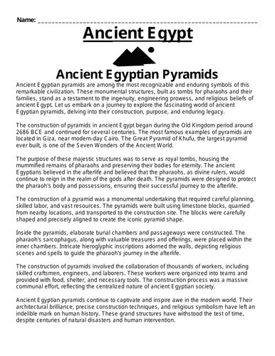Egyptian Pyramids “Article & Questions” Assignment (ANCIENT EGYPT ...