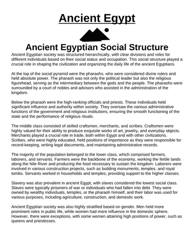 Ancient Egyptian Social Structure “Article & Questions” Assignment ...