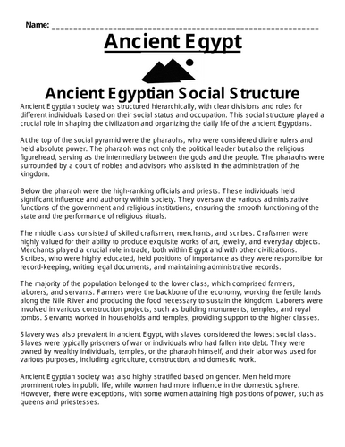 Ancient Egyptian Social Structure “Article & Questions” Assignment ...