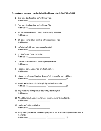 práctica de ser o estar usando DOCTOR PLACE. Ser or estar practice ...