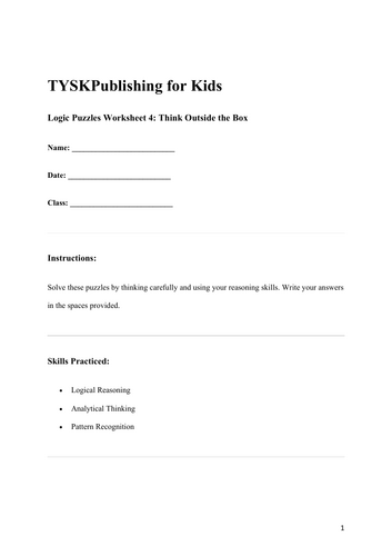 Logic Puzzles Worksheet 4: Think Outside the Box | Teaching Resources