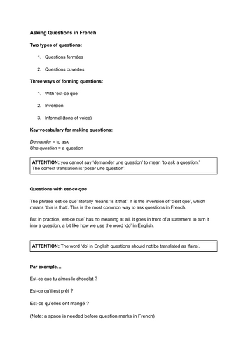 Asking Questions in French Worksheet | Teaching Resources