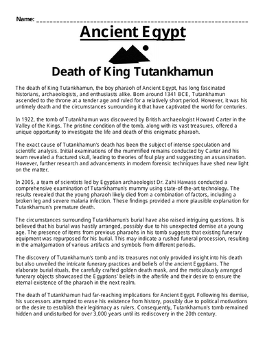 Death of King Tutankhamun “Article & Questions” Assignment (ANCIENT ...