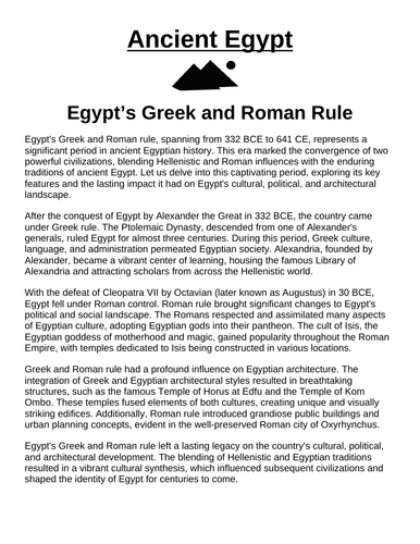 Egypt’s Greek and Roman Rule “Article & Questions” Assignment (ANCIENT ...