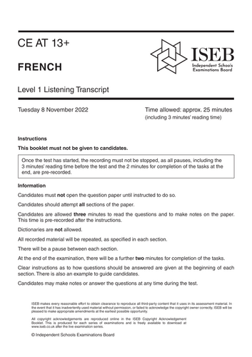 French CE 13+ Level 1 Listening Transcript (Autumn 2022) | Teaching ...