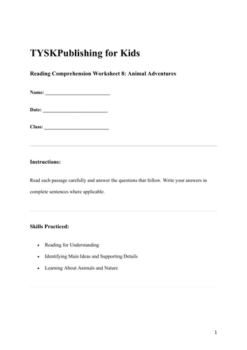 Reading Comprehension Worksheet 8: Animal Adventures | Teaching Resources