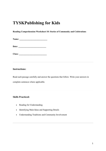 Reading Comprehension Worksheet 10: Stories of Community and ...