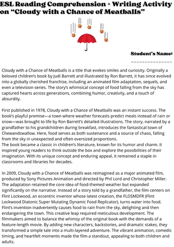 ESL Reading Comprehension + Writing Activity - Cloudy with a Chance of ...