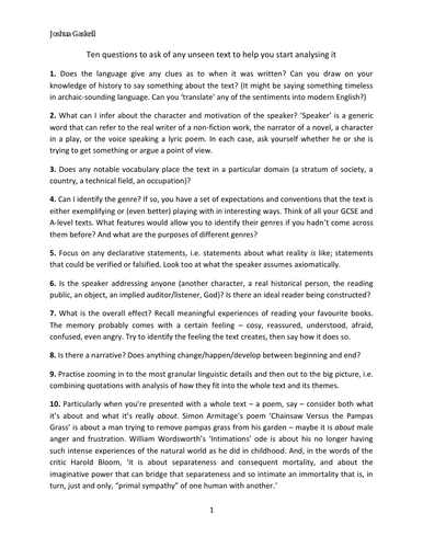 Ten questions to ask of unseen texts | Teaching Resources