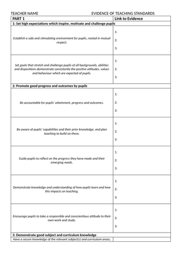 Teacher Standards Evidence Template | Teaching Resources