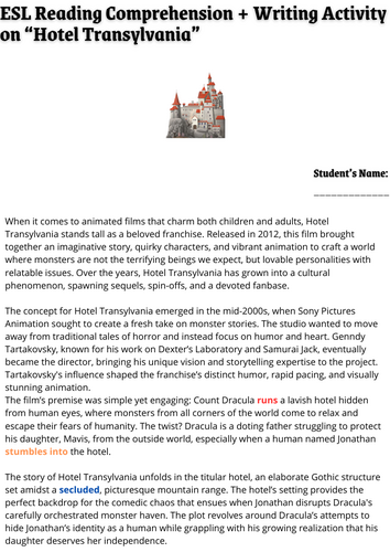 ESL Reading Comprehension + Writing Activity Worksheets on "Hotel ...