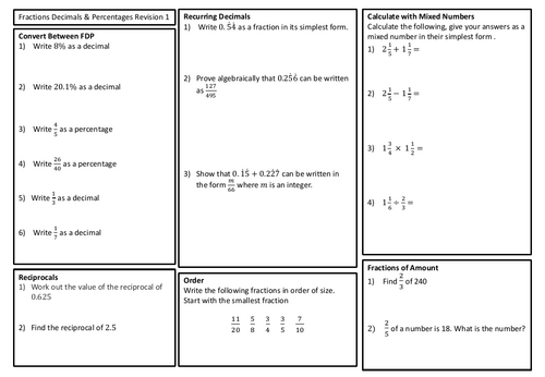 GCSE Higher Maths Revision Sheet - Fraction, Decimals & Percentages ...
